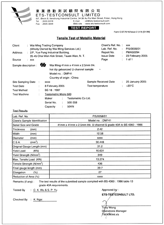 U-Channel Test Certification
